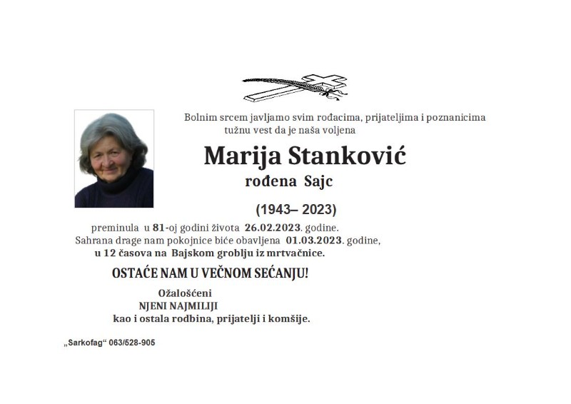 STANKOVIĆ MARIJA - SARKOFAG SUBOTICA
